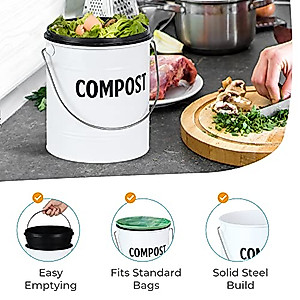 Kitchen Compost Bin by Saratoga Home - 1.3 Gal/5L Metal Compost Bucket for Kitchen Countertop, Kitchen Composter, Countertop Compost Bin, Compost Bin Kitchen, Kitchen Compost Bin Countertop, White