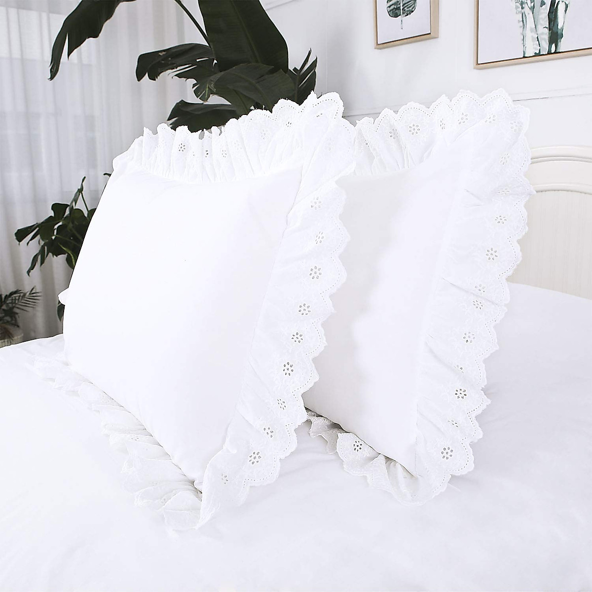 Eyelet Pillow Shams White Lace Ruffled Standard Shabby Chic Set of 2 Pillowcases Scalloped Farmhouse Country French Pretty Girls Cute Ruffle Embroidered 2 Pieces 20×26 Vintage Cotton 100%