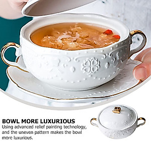 Zerodeko Soup Bowls French Onion Soup Bowls Ceramic Dessert Bowl with Double Handle, Porcelain Soup Bowl with Lid and Spoon for Fruit Salad Soup Cereal (White) Soup Bowls White Onion