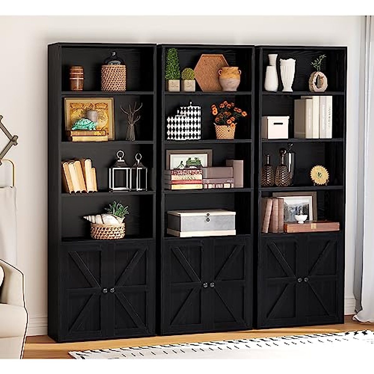 oneinmil Bookshelf and Bookcase, Floor Bookshelves and Office Storage Cabinets for Home Office, 6 Tier Wooden Bookshelves with Cabinet Doors, Living Room,Black