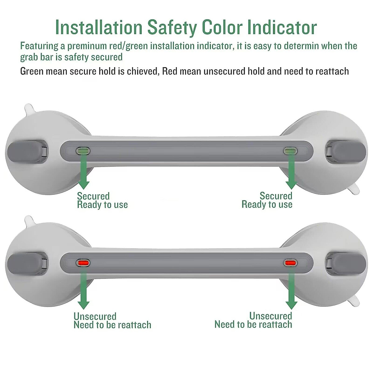 16 Inch Long Suction Grab Bar for Bathroom Indicator Light, Suction Shower Balance Assist Bar Support Rail Helping Handle for Tub Elderly Seniors Handicap Strong Suction Bathtub Grips Non Slip Sticker