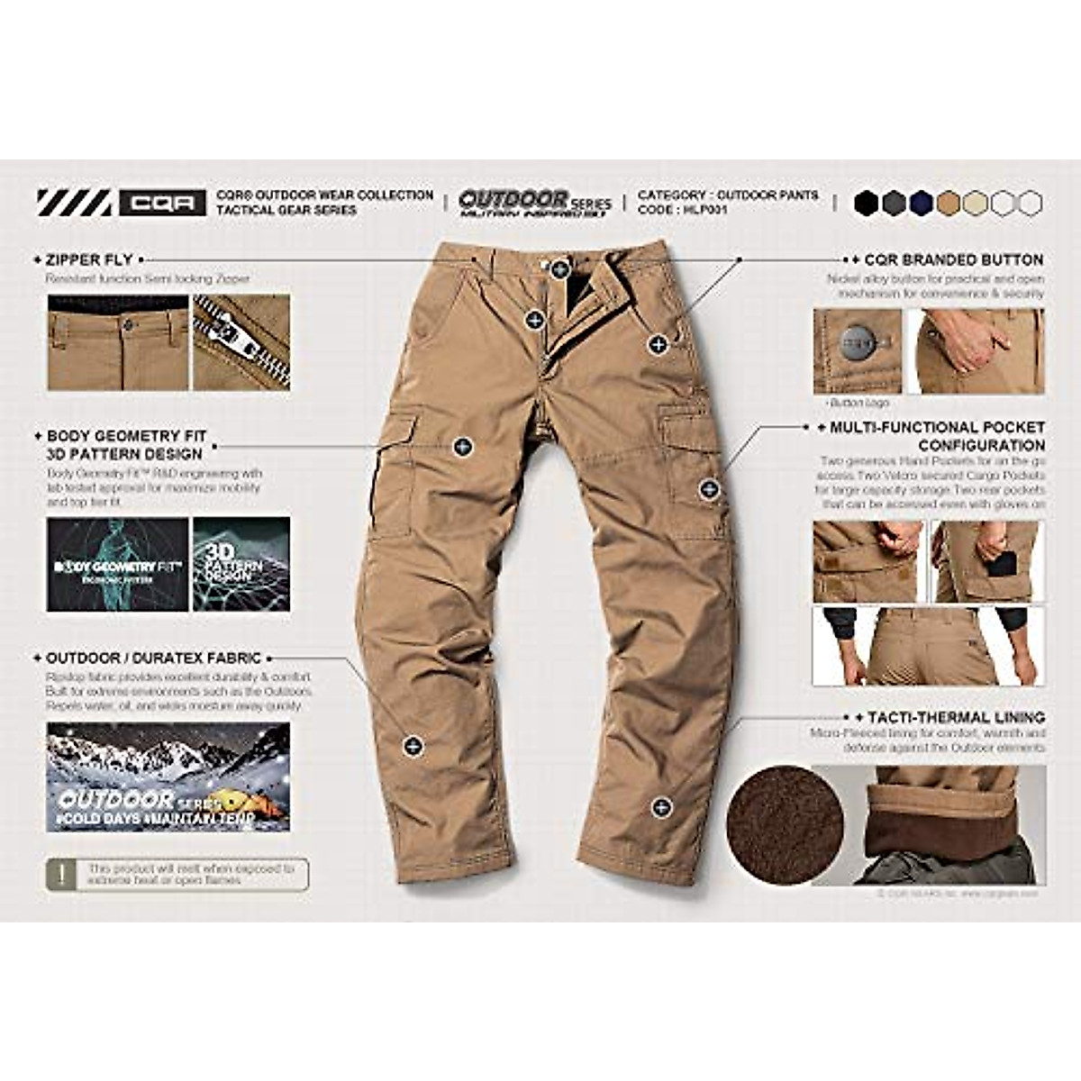 CQR Men's Winter Tactical Cargo Pants, Thermal Fleece Lined Outdoor Snow Ski Hiking Work, Fleece Cargo Coyote, 34W x 32L