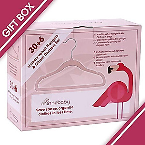Minnebaby Velvet Baby Hangers 30 Pack, Ultra Thin No Slip Nursery Clothes Hangers with 6 Pcs Cute Clothing Dividers for Baby Boys & Girls Closet Organizer, Pink Kids Hangers