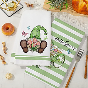 AnyDesign Spring Kitchen Dish Towel Watercolor Gnome Flower Bicycle Truck Dishcloth Green Buffalo Plaids Stripes Hand Drying Tea Towel for Cooking Baking Cleaning Wipes Supplies, 18 x 28 Inch, 4Pcs