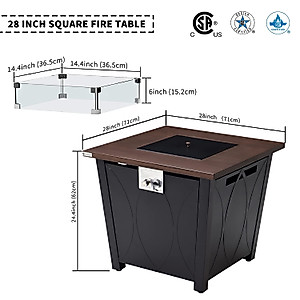 Essential Lounger 28 Inch Fire Table, 50,000 BTU Square Outdoor Fire Pit Tables Gas Fire Pit with Lid, Glass Wind Guard,Waterproof Storage Cover,Lava Rocks, Outdoor Fireplace Propane Fire Pit Table