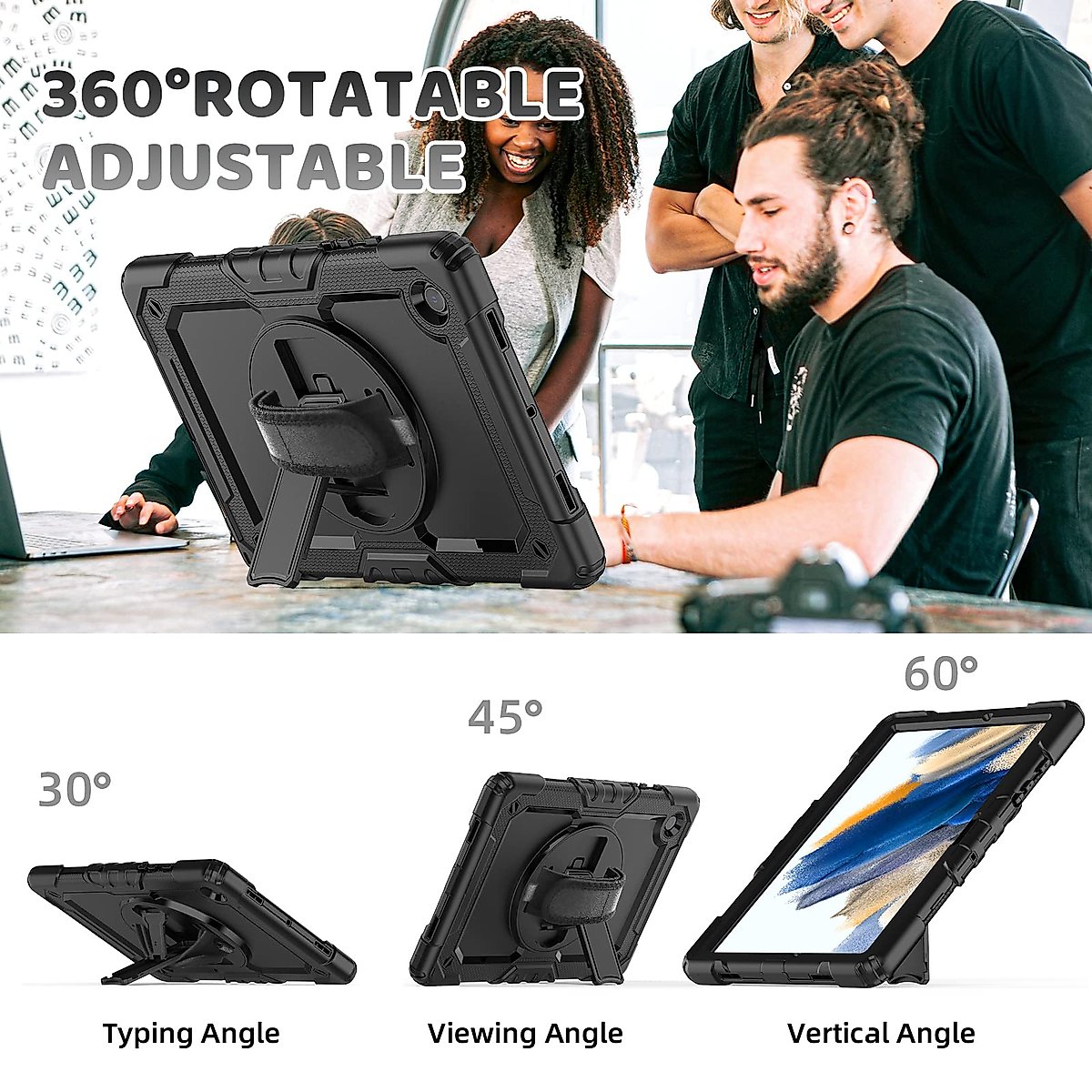 BLOSOMEET Case for Samsung Galaxy Tab A8 10.5 Inch 2022 SM-X200/X205/X207 with [Tempered Glass Screen Protector],Case for Galaxy Tab A8 w/S Pen Holder Stand Hand Strap &Shoulder Strap,Black