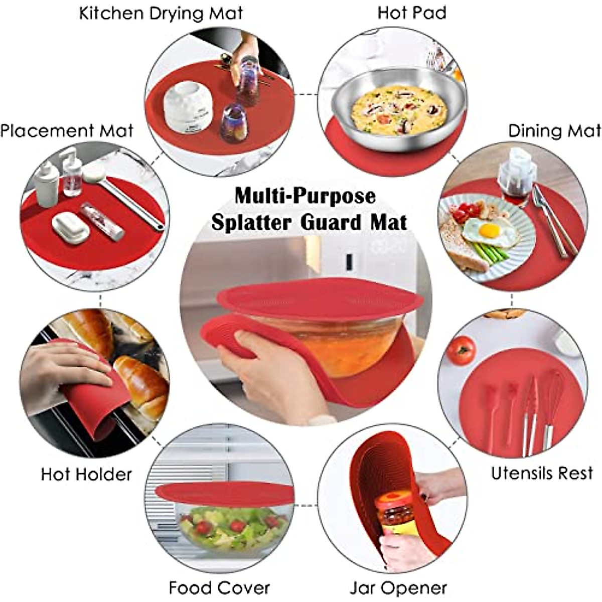 2PCS, KooMall 8 Inch Silicone Trivets for Hot Pots and Pans, Hot Pads for Kitchen Countertops, 572°F Heat Resistant Pot Holders, Multi-Purpose Microwave Mat for Grabbing, Food Grade & BPA Free, Red