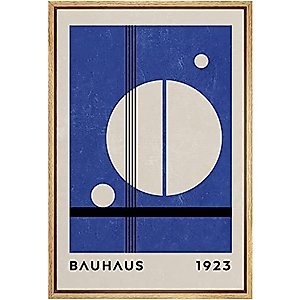 MUDECOR Framed Canvas Print Wall Art Mid-Century Bauhaus 1960s Blue White Circle Shapes Abstract Illustrations Modern Art Multicolor Relax/Calm for Living Room, Bedroom, Office - 16"x24" Natural