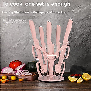Stainless Steel Kitchen Knife Set of 6 Piece with Chef, Carving, Bread, Paring and Utility Knife,Sharp Knife Blade with Ergonomic Handle and Rotatable Butterfly knife holder (PINK)