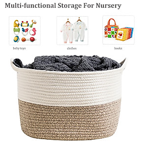 JIA QAQ Square Cotton Rope Samll Baskets With Handles for Nursery, Toys, Household, Nursery, Handcrafted Woven Gift Baskets for Storage and Organization,13.5x11x9.5inch (white-champagne)