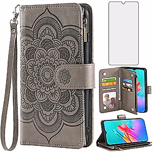 Asuwish Phone Case for Infinix Smart 5/Hot 10 Lite Wallet Cover with Tempered Glass Screen Protector and Flower Leather Flip Credit Card Holder Stand Folio Purse Cell Accessories X657B Women Men Grey