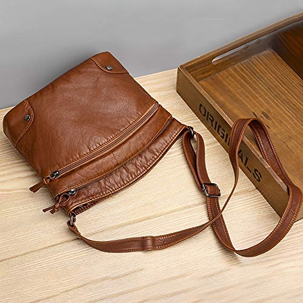 Casual Multi-zipper Messenger Totes PU Women Big Capacity Solid Shoulder Handbag, Brown, 21 x 18 x 5cm