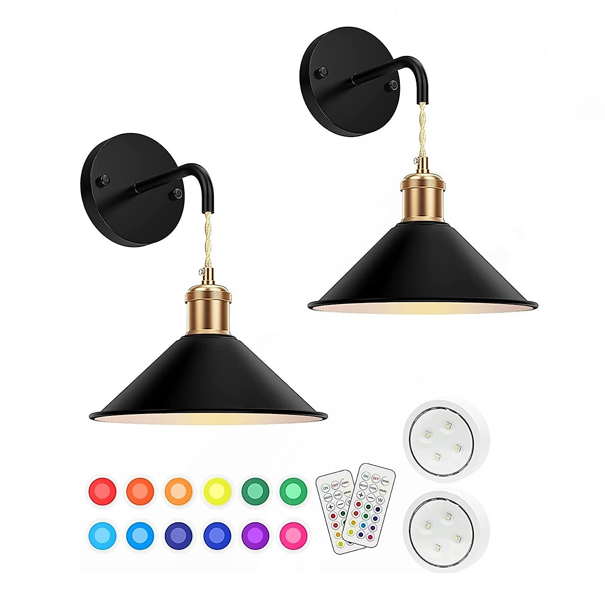 7PMBEANE Black Battery Operated Wall Sconce, Industrial Wall Sconce Set of 2, 13 RGB Cordless or Hardwired Wall Light Fixturewith Remote for Bedroom, Living Room, Hallway