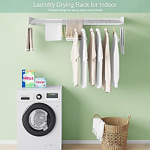 Wall Mounted Drying Rack, Laundry Drying Rack Collapsible, Clothes Drying Rack, Towel Drying Rack for Indoor & Outdoor with Wall Template & 5 Rods, 60 lb Capacity, 31.5” Wide, 13.5 Linear Ft, White