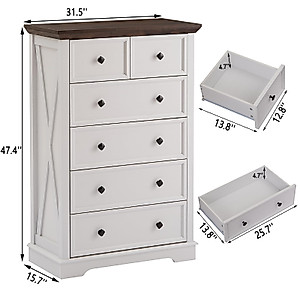 LDTTCUK 6 Drawer Dresser, Farmhouse Dresser Chest of Drawer for Bedroom, 48 Inch Tall Dresser, Wood Storage Chest of Drawers Storage Cabinet for Living Room, Entryway, Hallway, White