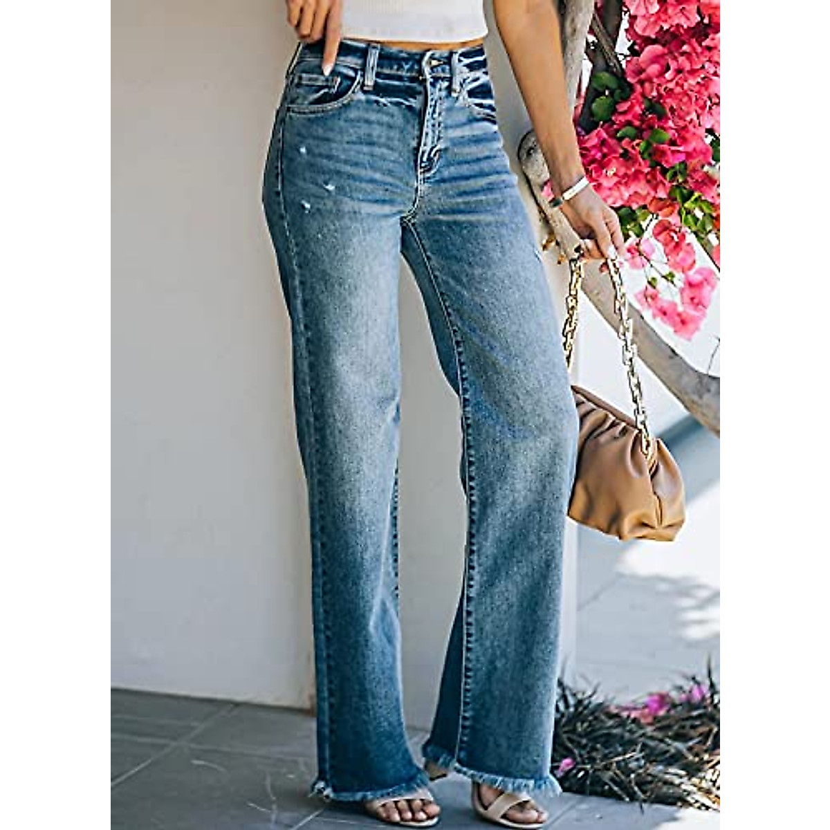 Sidefeel Women High Waisted 90 Flare Raw Hem Denim Jeans Wide Leg Pants Size 10 Blue