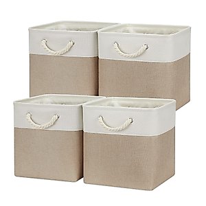 Temary 4 Pack Cube Storage Bins Cloth Baskets for Shelf, Fabric Storage Cubes 12 x 12 Baskets Gift Empty Baskets with Handles, Baskets for Storage (White&Khaki)
