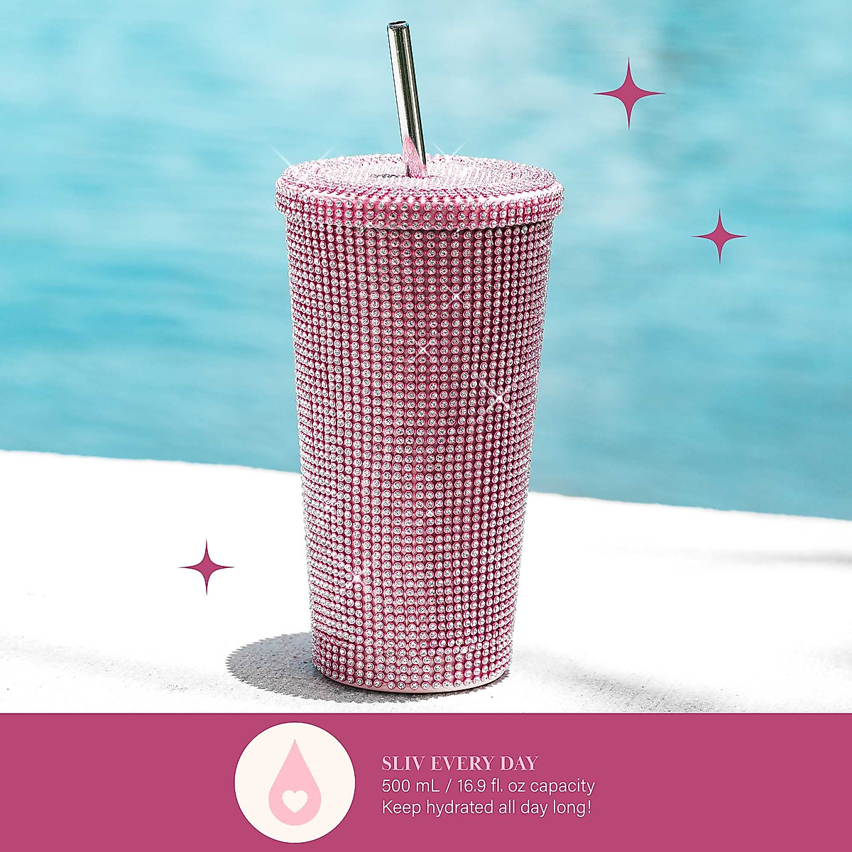 Paris Hilton Diamond Bling Water Tumbler With Lid And Straw, Vacuum Insulated Stainless Steel, Bedazzled With Over 3700 Rhinestones, 16.9-Ounce, Pink