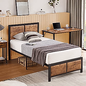 VECELO Twin Platform Bed Frame with Rustic Vintage Wood Headboard, Mattress Foundation, Strong Metal Slats Support, No Box Spring Needed