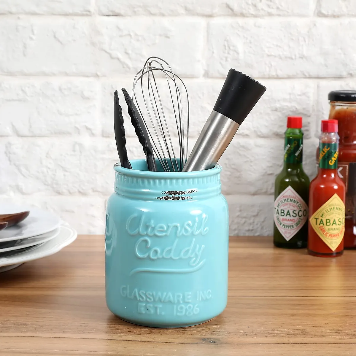 MyGift Aqua Blue Ceramic Mason Jar Flatware Holder Storage Organizer with Decorative Embossed Utensil Caddy Word Design, Farmhouse Kitchen Decor, Set of 3