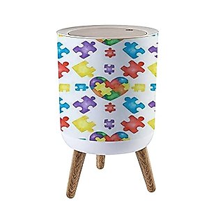 Trash Can with Lid Seamless with Colorful Jigsaw Puzzles and Heart on White Watercolor Wood Small Garbage Bin Waste Bin for Kitchen Bathroom Bedroom Press Cover Wastebasket 7L/1.8 Gallon