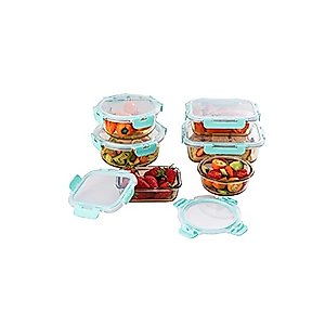 Emica Glass Food Container Set-6 Pack, Glass Amber Color Meal Prep Containers, Food Prep Containers Glass with Lids, Airtight Glass Bento Boxes (6 Containers & 6 Lids)