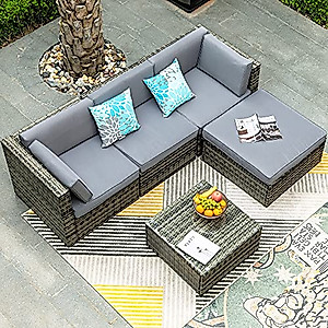 YITAHOME 5 Piece Outdoor Patio Furniture Sets, All-Weather Wicker Sectional Sofa Patio Conversation Set with Ottoman, Coffee Table and Cushions, Gray Gradient