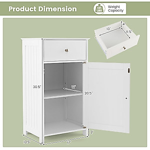 Tangkula Small Bathroom Cabinet for Small Spaces, Freestanding Single Door Bathroom Storage with Adjustable Shelf, Anti-Tipping Device, Smooth Drawer, Floor Cabinet for Bathroom Living Room