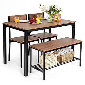 Giantex Dining Table Set for 4, Kitchen Table with Bench and Chairs, Industrial Gathering Bench Dining Set W/Metal Frame & Storage Rack, Dinette Set, Modern Functional Desk Set (Brown)