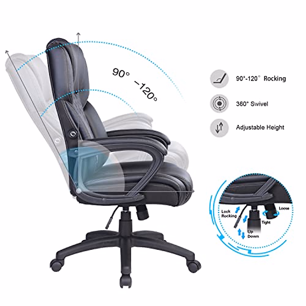 BOWTHY Executive Massage Office Chair with Heated,45°Reclining Ergonomic Office Chair with Footrest,High Back Computer Desk Chair with Wheels,Diamond-Stitched Cushion Leather Office Chair (Grey
