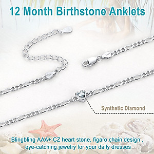 SILVERCUTE April Birthstone Ankle Bracelet 925 Sterling Silver 3mm Chain for Barefoot Figaro Anklets for Women, 8.5"-10.5"
