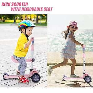 Wheelive 2 in 1 Kick Scooter with Removable Seat, 3 LED Wheels Kick Scooter for Kids, 4 Adjustable Height & Foldable Design Toddler Scooters Sit or Stand Ride for Boys & Girls 2-8 Years Old (Pink）