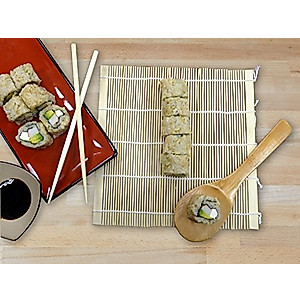 IMUSA USA 3pc Bamboo Complete Sushi Set (Rolling Mat, Chopsticks & Paddle) Kitchen Utensils, Multisizes, Brown