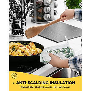 2Pack Pot Holders Cotton Heat Resistant Oven Hot Pads, Plant Potholder Machine Washable Cloth Potholders for Daily Kitchen Baking and Cooking with Hanging Loops - Green Fresh Eucalyptus Leaves