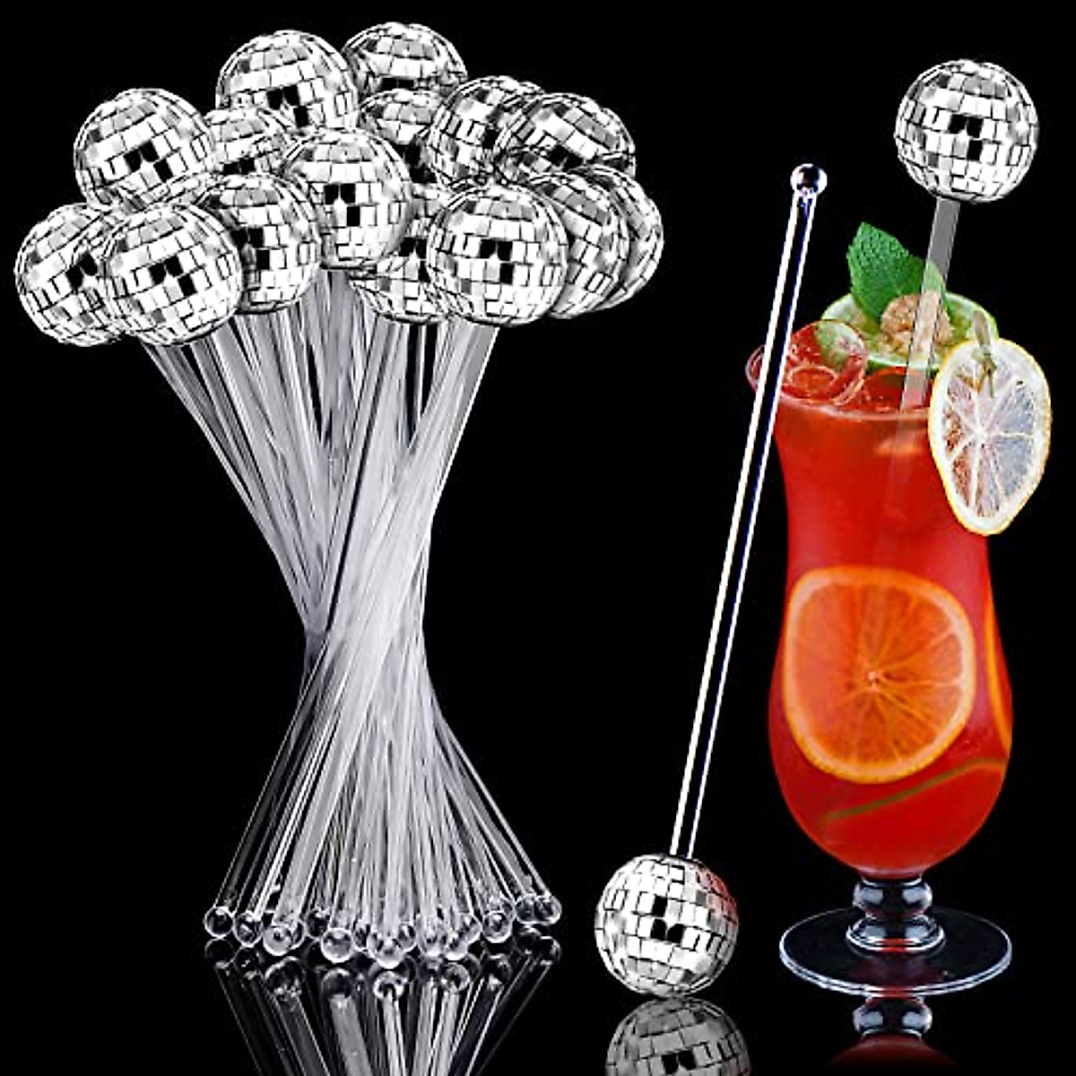 Sawysine 24 Pcs Disco Balls Cocktail Stirrers Plastic Round Top Swizzle Sticks Cake Pops Mirror Ball Coffee Beverage Stirrers for Home Bar Coffee Shop Use (Transparent)