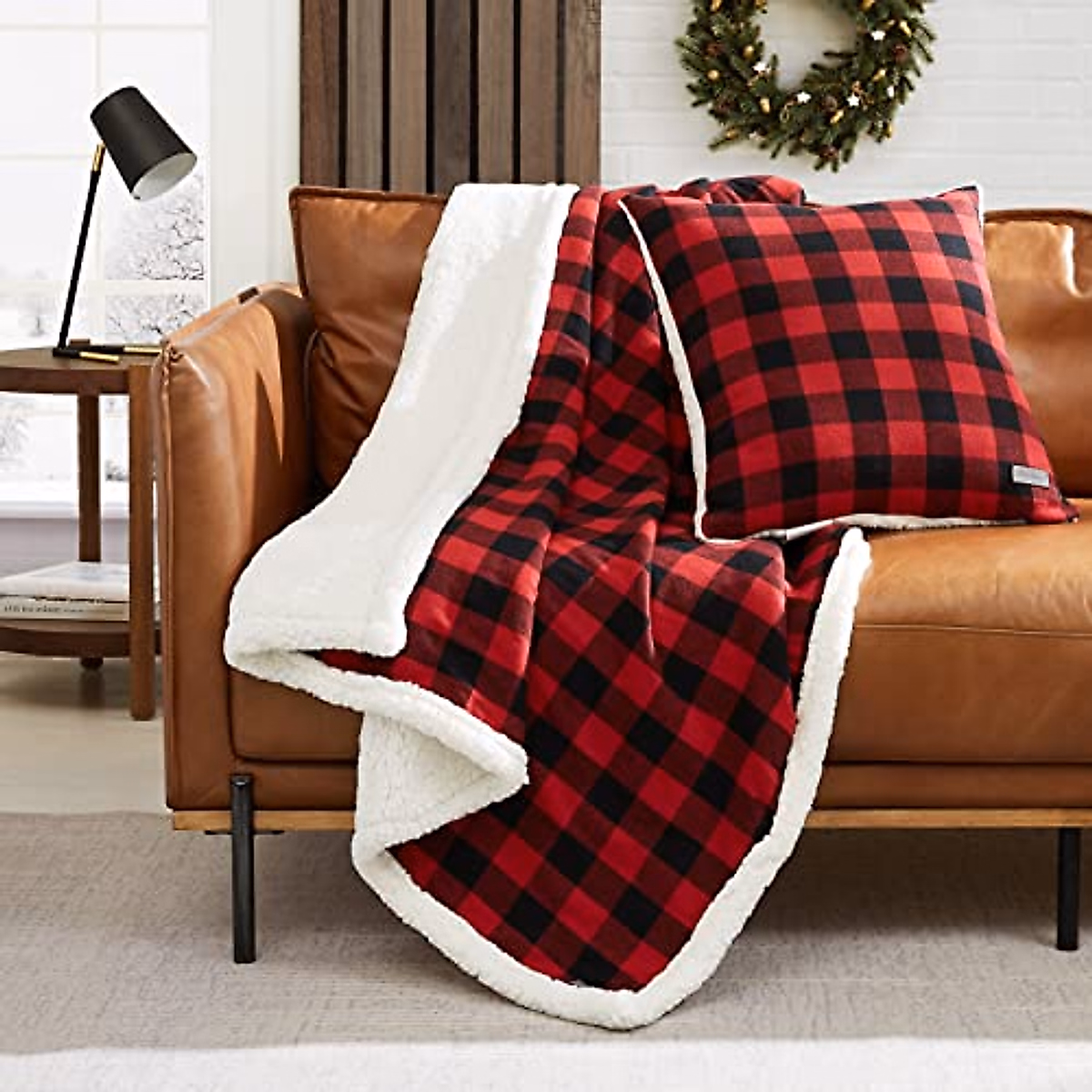 Eddie Bauer,Polyester Throw Blanket with Pillow Reversible Flannel/Sherpa Bedding Set, Buffalo Plaid Home Decor for All Seasons, 1 Count (Pack of 1), Red/Black Check