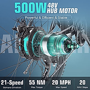 ANCHEER 500W Electric Bike 26'' Gladiator Electric Mountain Bike, 48V 10.4Ah Removable Battery, Up to 50 Miles, 3.5H Fast Charge, Cruise Control, Lockable Suspension Fork, 21Speed Ebike for Adults