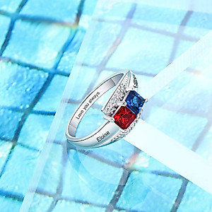 Jessemade Personalized Sterling Silver Couples Promise Rings for Her Engagement Wedding Rings for Women Mothers Mom Jewelry with 2 Simulated Birthstones (7.5)