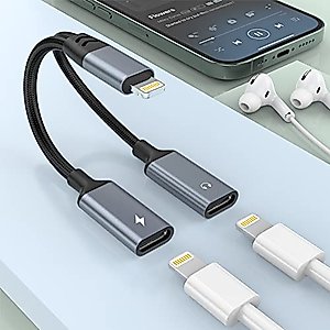 2-in-1 iPhone to Lightning*2 Jack Audio Headphone and Charger Cable Adapter, Video Call+Music+Charge+HiFi+Mic+Control,Earphones Converter Splitter for iPhone 14 13 12 11 Pro【Apple MFi Certified】