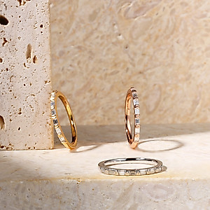 SMILEST 7 Stone Moissanite Rings for Women, 2mm D Color VVS1 Clarity Lab Created Diamond Rings 18K Yellow Gold Plated 925 Sterling Silver Bar Setting Moissanite Stackable Rings for Women Promise Ring