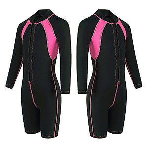Flexel Wetsuit for Girls,2mm Neoprene Kid Wet Suit Shorty Wetsuit for Girls Long Sleeve Girls Wetsuit Thermal Swimsuit for Toddler Youth Wetsuit Girls Water Suit(Pink, L), Large