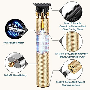 Hair Clippers for Men, Electric Pro Li Outliner Grooming Rechargeable Cordless Close Cutting T-Blade Trimmer for Men 0/1.5/3/6/9 mm Baldheaded Hair Clippers Zero Gapped Detail Beard Shaver (Gold)