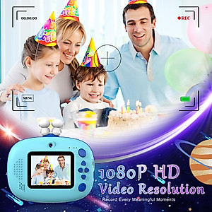 USHINING Kids Camera Instant Print, Selfie Digital Camera for Boys Girls Aged 3-12,1080P Kids Video Camera with 2.4" Screen, 32GB SD Card,Color Pens,Print Papers and Lanyard (Blue)
