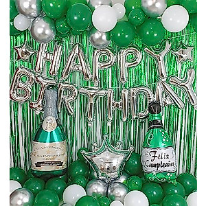 Green Birthday Party Decorations with Silver Happy Birthday Banner, White, Green and Silver Balloons, Emerald Green Champagne Balloon, Fringe Curtain for Men Women Girls Boys Party Decor Supplies