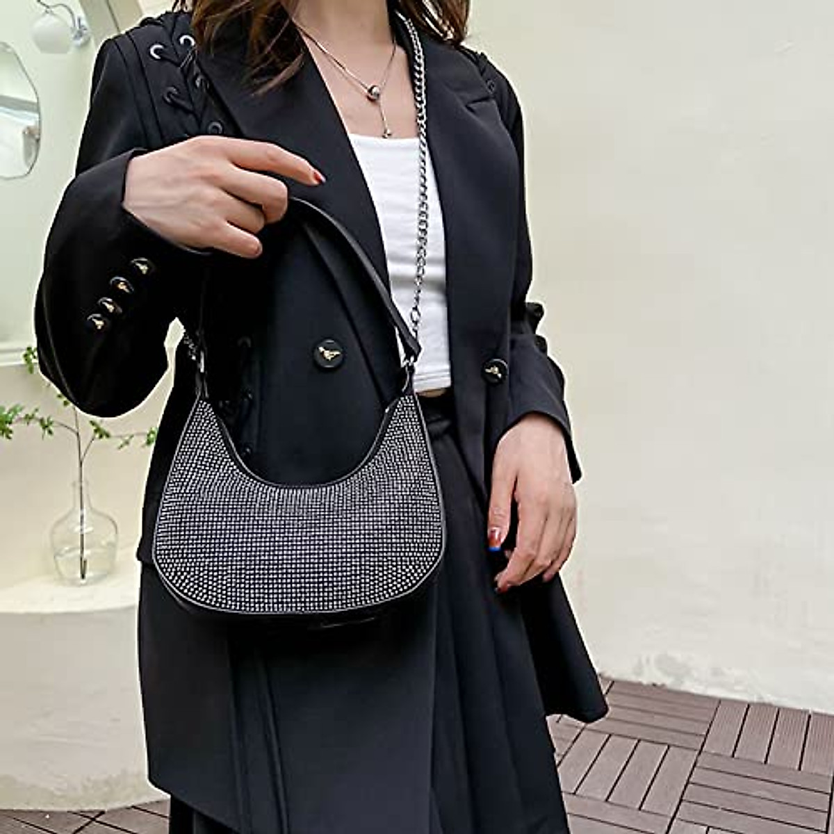 Rysmoclr Rhinestone Hobo Bag for Women Crystal Rhinestone Clutch Purses Bling Evening Bag Women's Shoulder Handbags Crossbody Bag