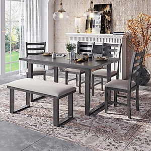 Prohon 60“L Rectangular Table with Strong Wood Legs, 4 Soft Comfort High Backrest Chairs and Upholstered Bench for 6, Minimalist Style Dining Set for Kitchen/Living Room/Apartments, Gray