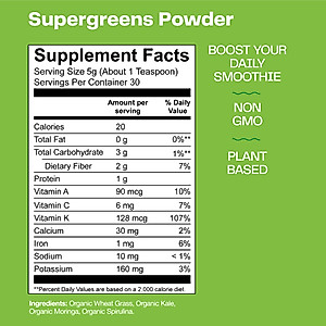 Amazing Grass Super Greens Booster: Greens Powder Smoothie Mix with Spirulina, Moringa, Wheat Grass & Kale Smoothie Booster, Chlorophyll Providing Greens, 30 Servings