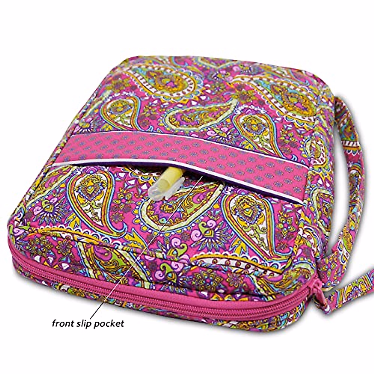 Bible Covers for Women, Quilted Bible Case Pink Floral Cotton Cloth with Handle and Pocket, Large 10x7x2.7 Inches