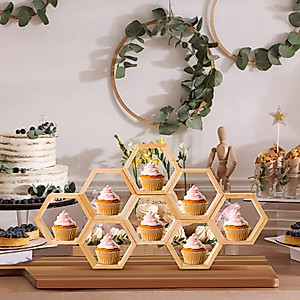 Kigley 8 Pcs Mini Honeycomb Cupcake Stand Wooden Hexagon Cake Display Holder Farmhouse Hexagonal Floating Table Sign for Baby Shower Birthday Party(Burly Wood)