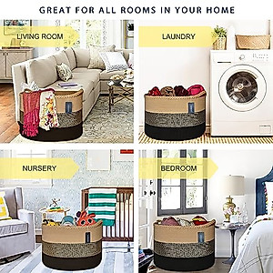 COMSE Extra Large Blanket Basket, Storage Basket, Laundry Basket, 21.7”x 13.8”, Laundry Hamper, Cotton Rope Basket, Blanket Basket Living Room, Toy Basket (Brown & Black)